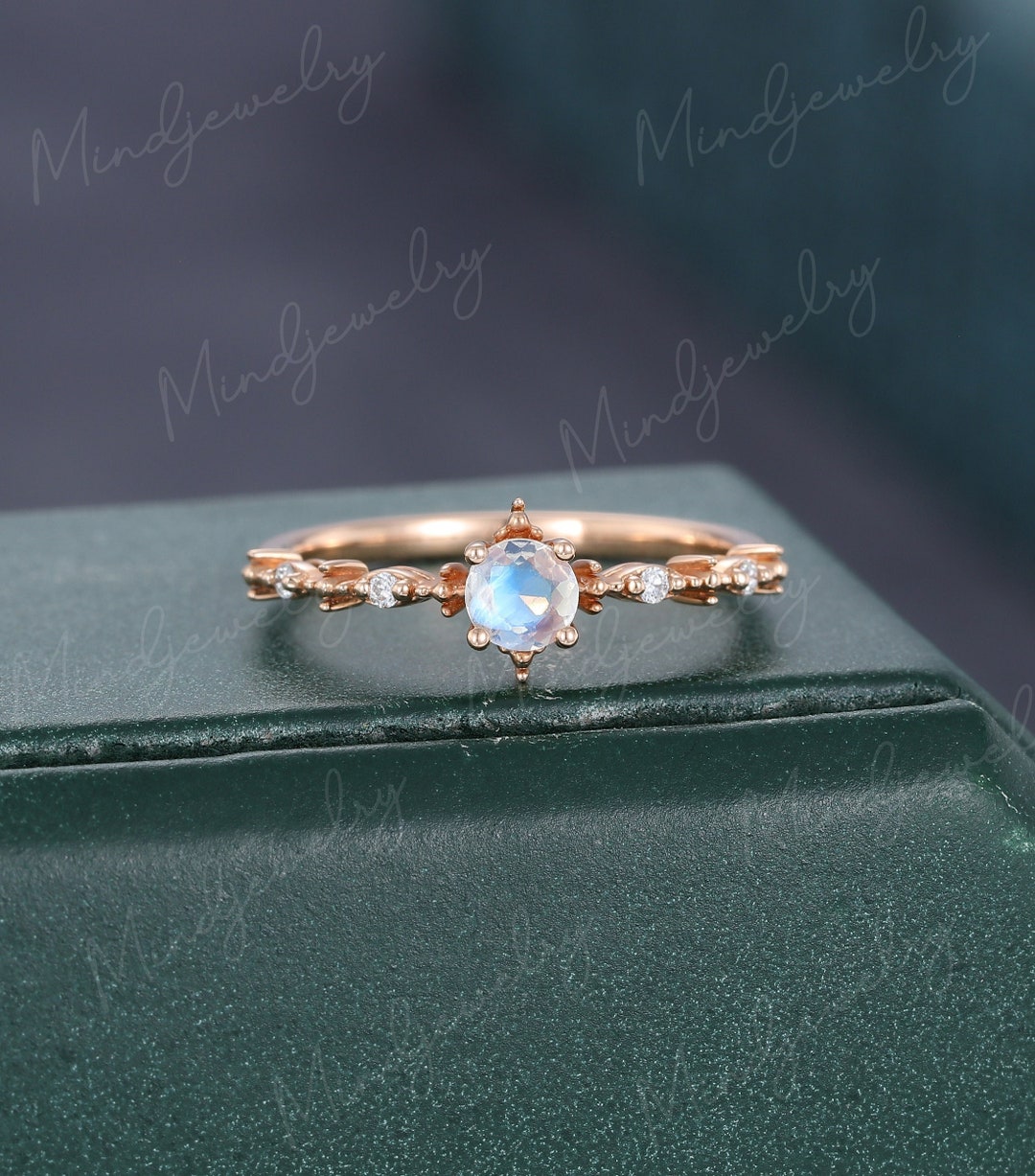 Round Moonstone Engagement Ring Vintage Yellow Gold Engagement Ring ...