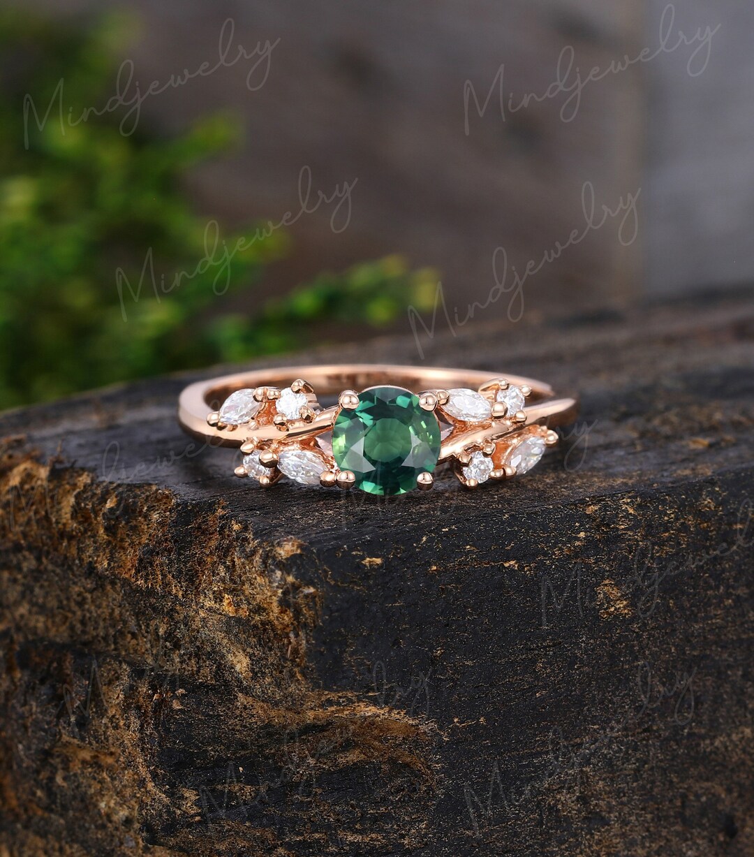 Blue Green Sapphire Engagement Ring Rose Gold Unique Cluster Diamond ...