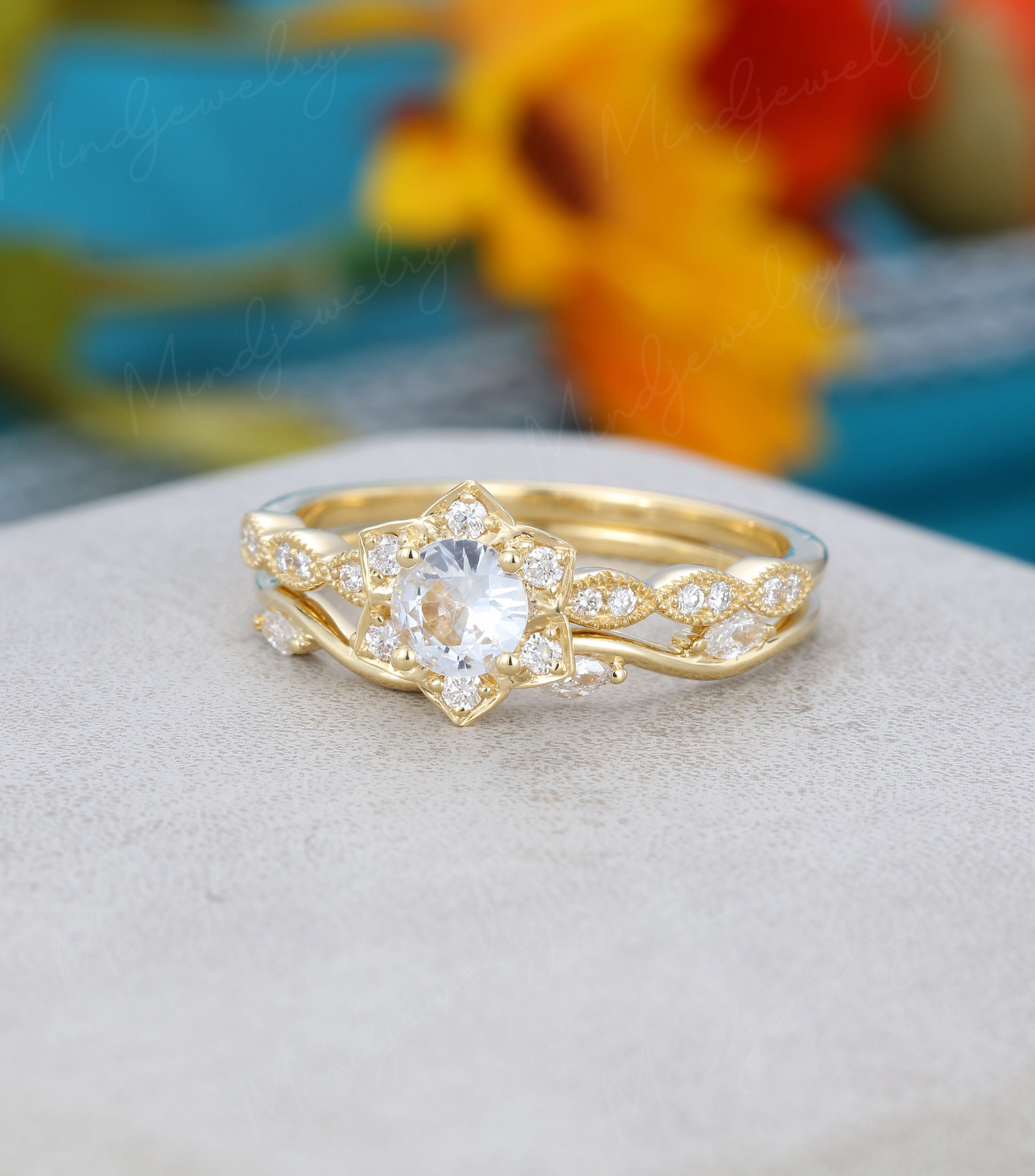 White Sapphire Engagement Ring Set Yellow Gold Unique Flower Etsy 4667