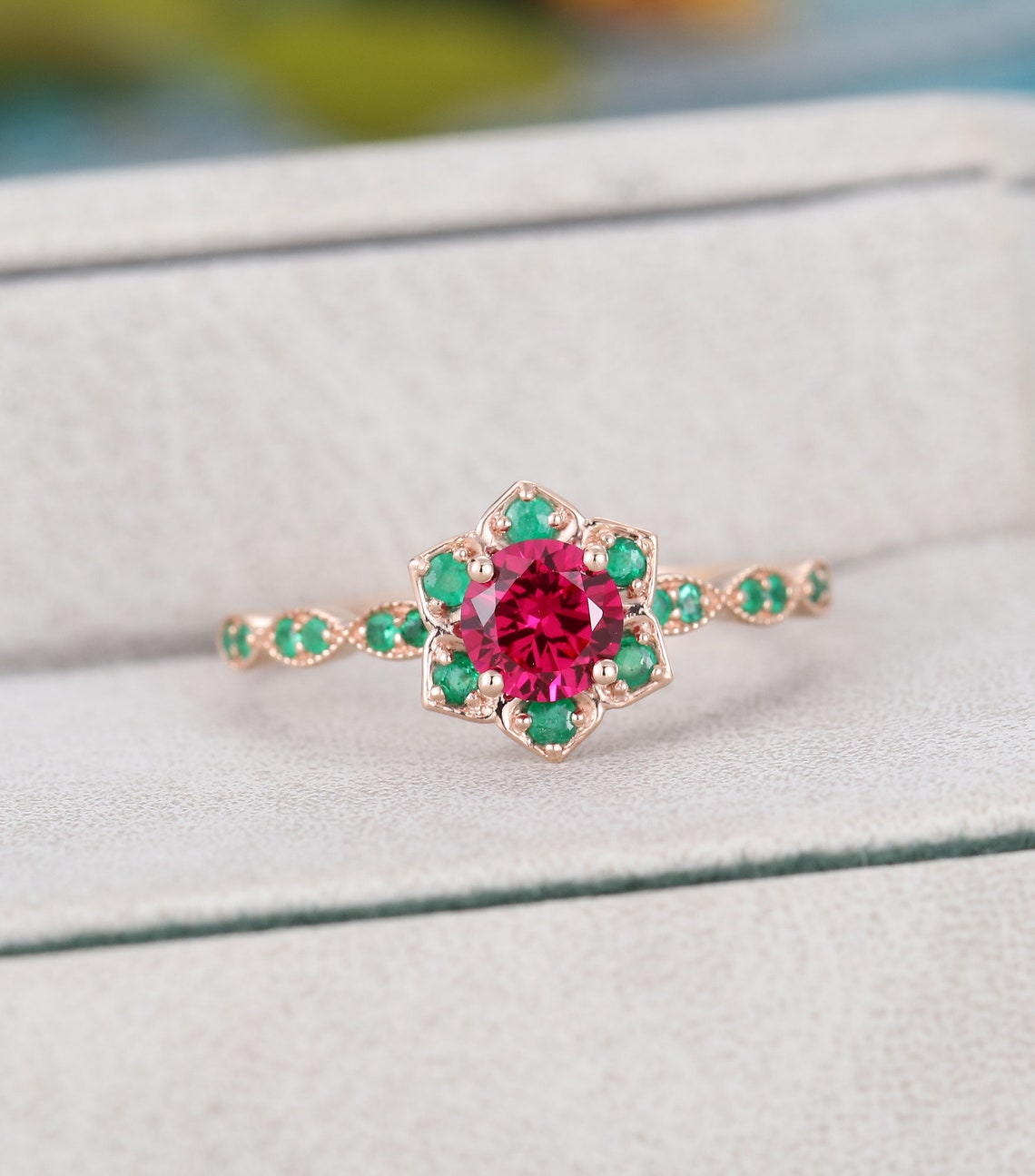 Ruby Engagement Ring Rose Gold Unique Flower Engagement Ring | Etsy