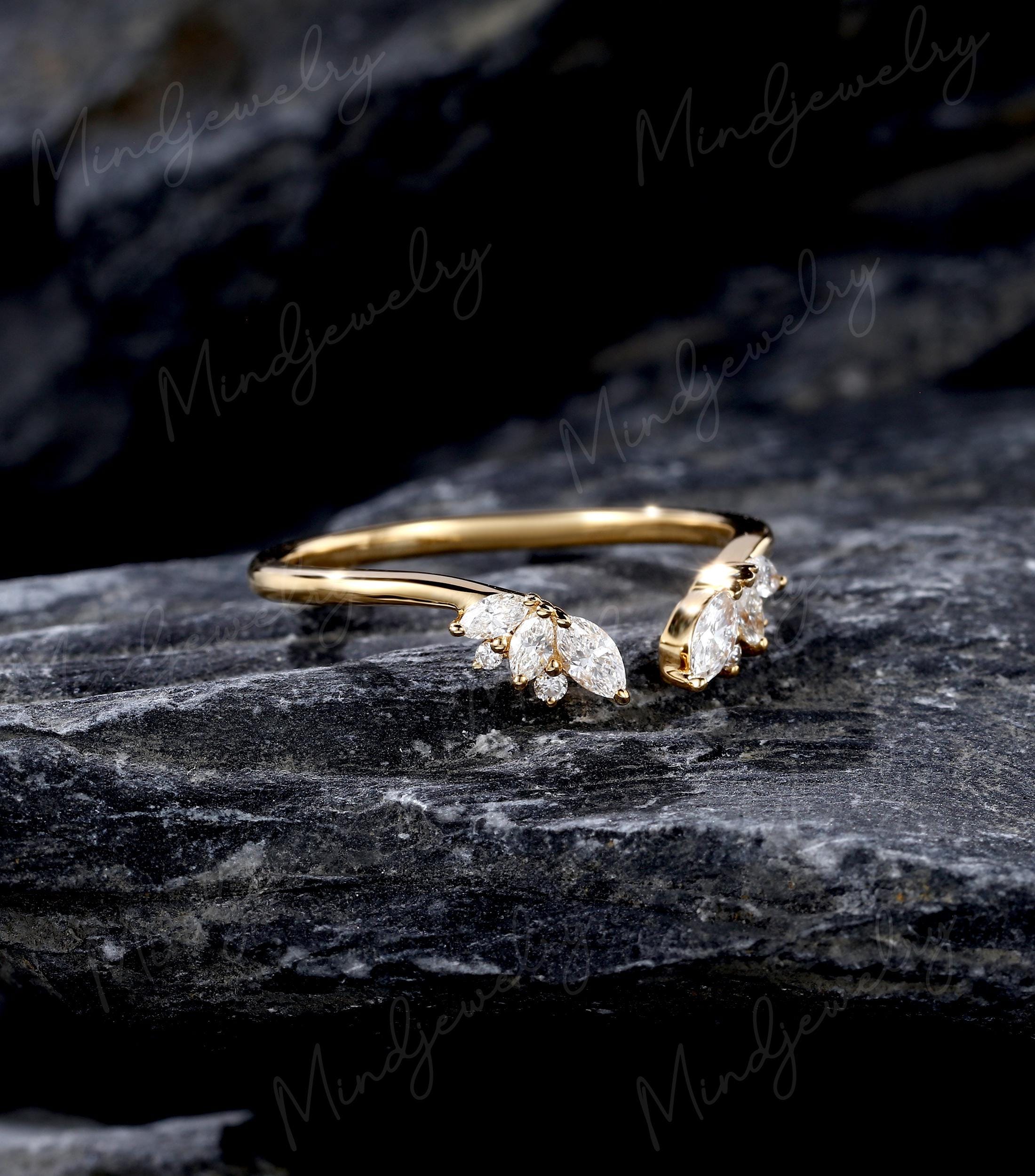 Yellow Gold Open Ring Vintage Unique Marquise Cut Moissanite Curved ...