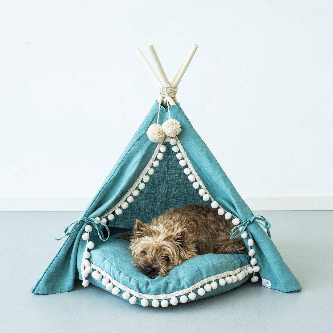 Linen Pet Teepee: Green Dog/cat Tipi With Pom Pom Pillow - Etsy