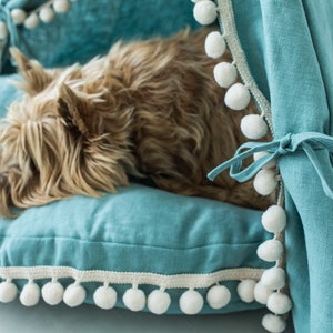 Boho Linen Pet Bed: Round Dog and Cat Cushion With Pom Poms - Etsy