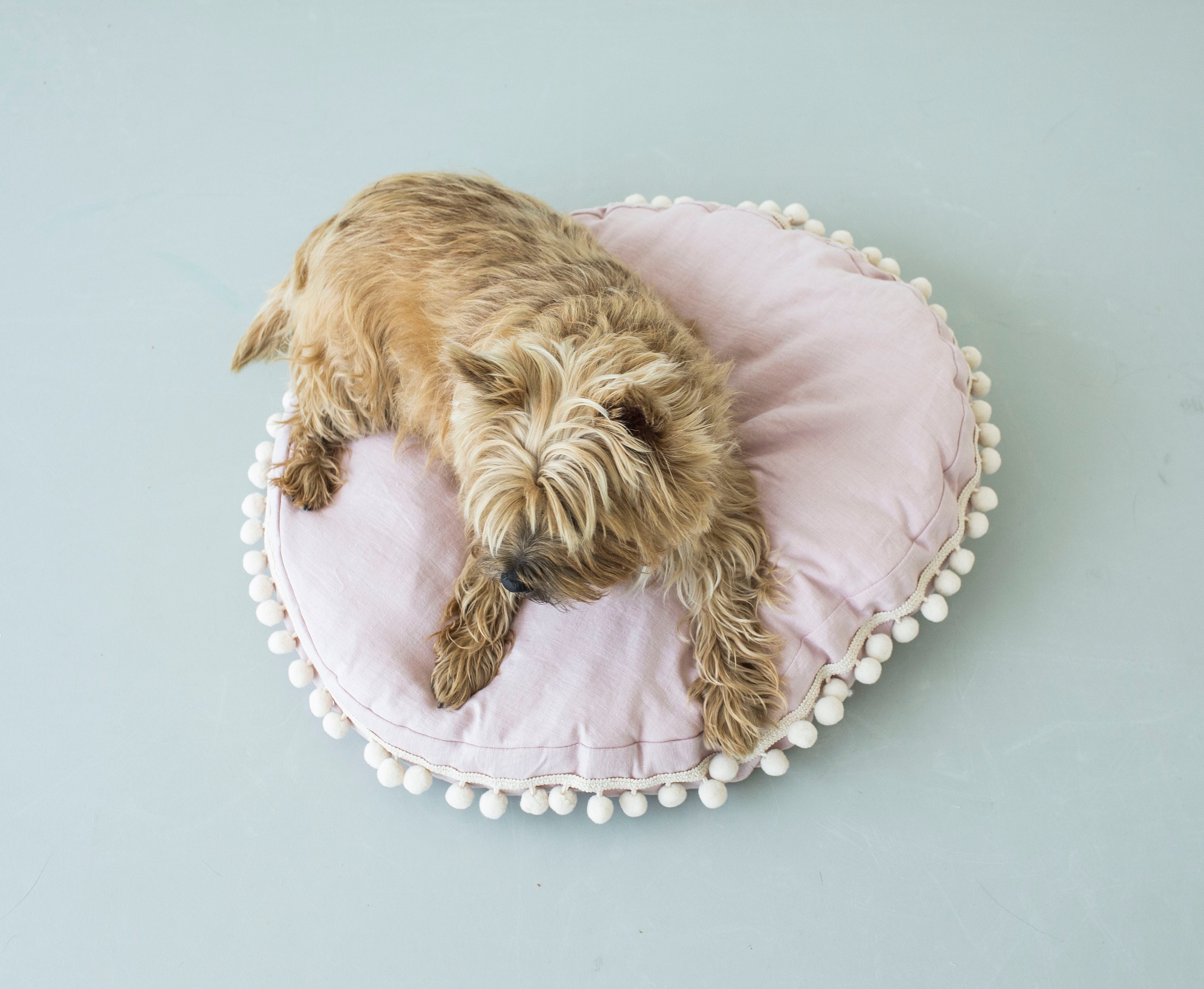 Boho Linen Pet Bed: Round Dog and Cat Cushion With Pom Poms - Etsy