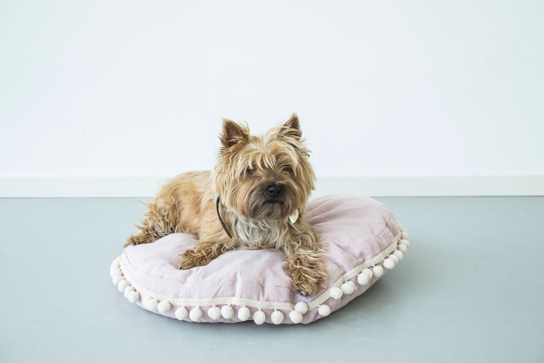 Boho Linen Pet Bed: Round Dog and Cat Cushion With Pom Poms - Etsy