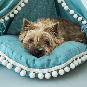 Boho Linen Pet Bed: Round Dog and Cat Cushion With Pom Poms - Etsy