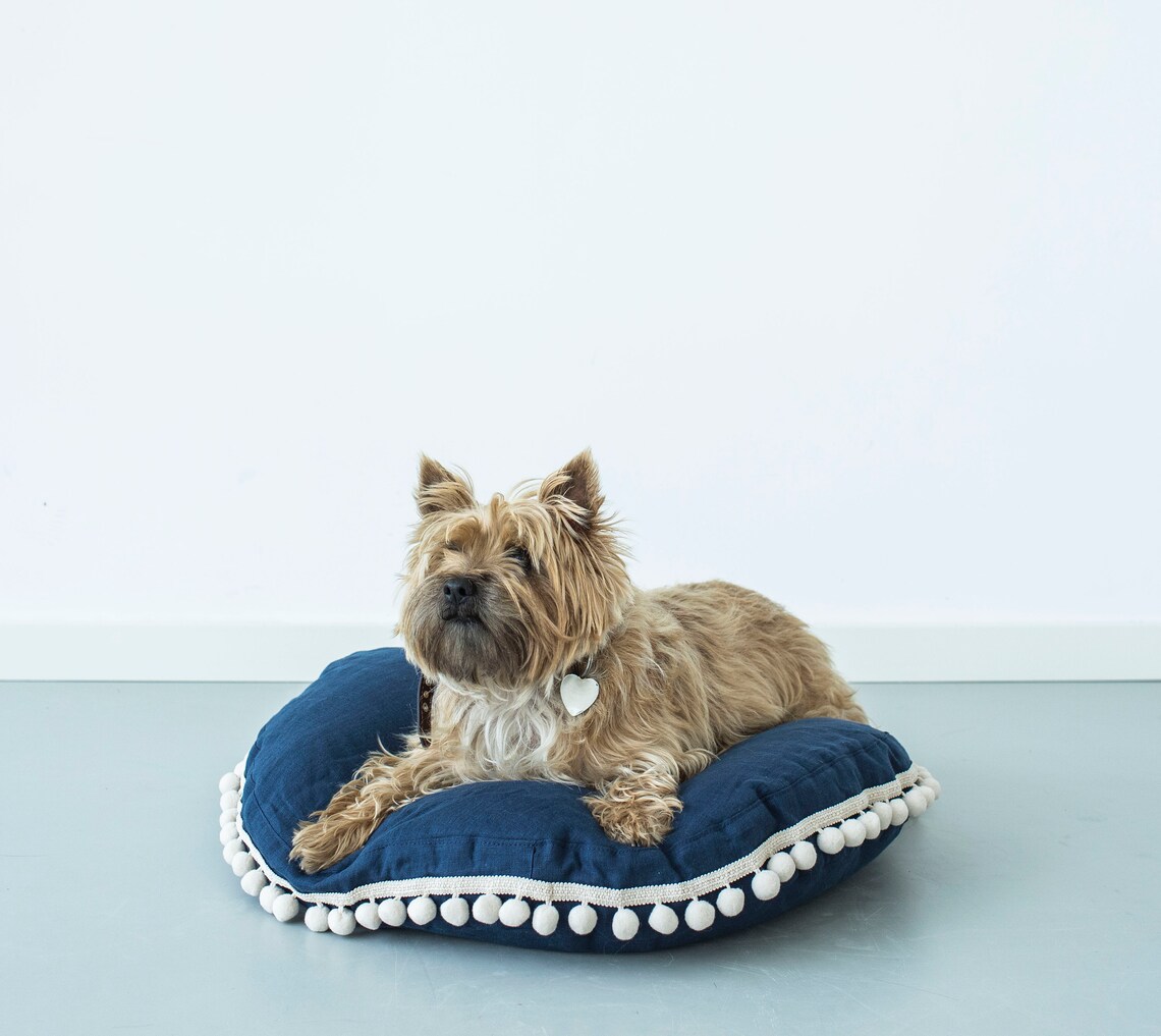 Boho Linen Pet Bed: Round Dog and Cat Cushion With Pom Poms - Etsy
