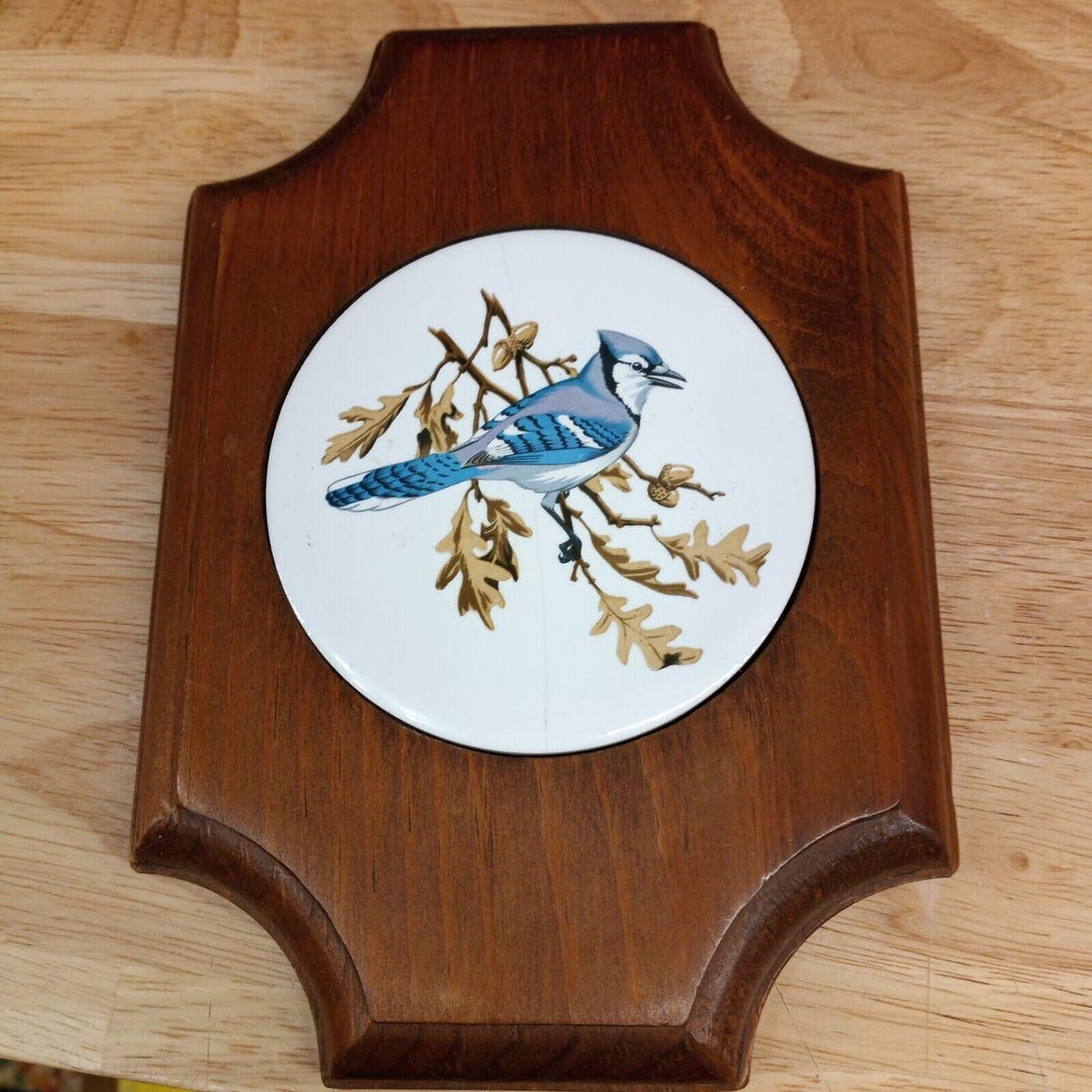 Pretty Vintage Wooden Blue Jay Bird Plaque With Ceramic Tile. MCM ...
