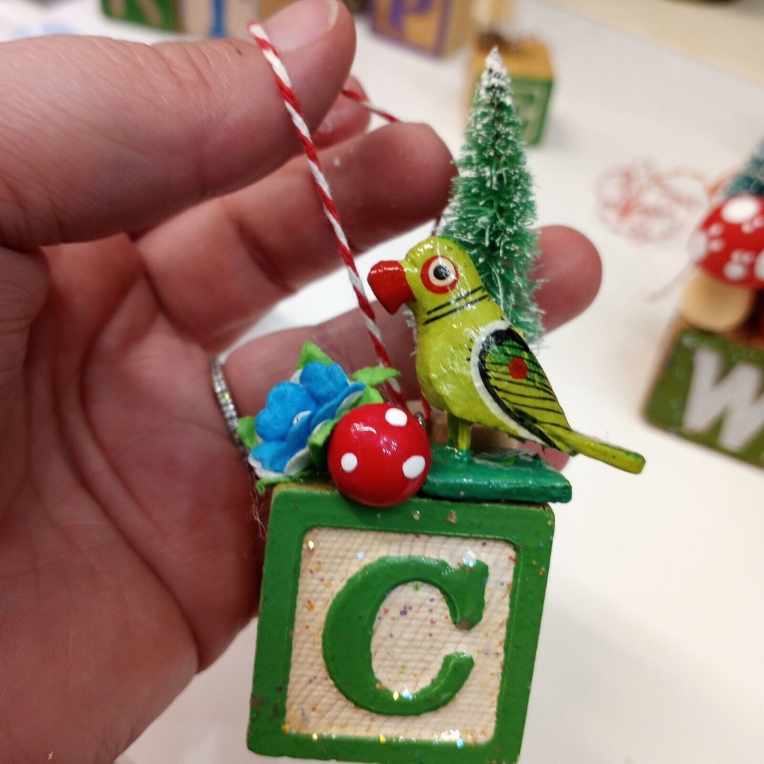 Upcycled Bird Christmas Ornament Vintage Wooden Building Block Letter C ...