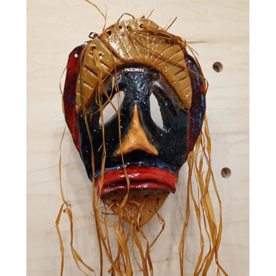 Colorful Handmade Terra Cotta Clay Tribal Mask With Raffia Hair ...