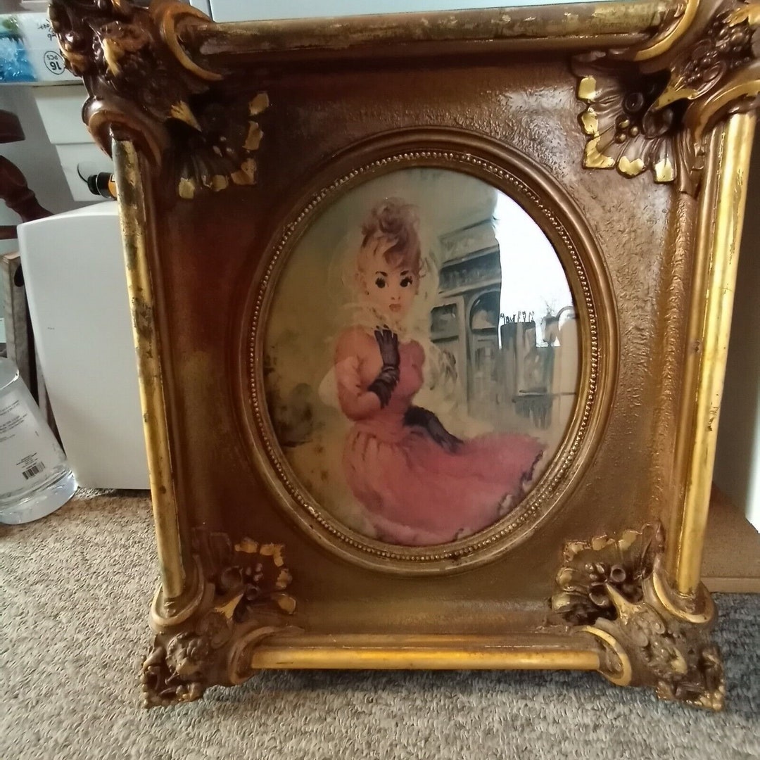 Gorgeoues Coquette in Pink Framed in HEAVY Ornate Gold Frame. Stunning ...
