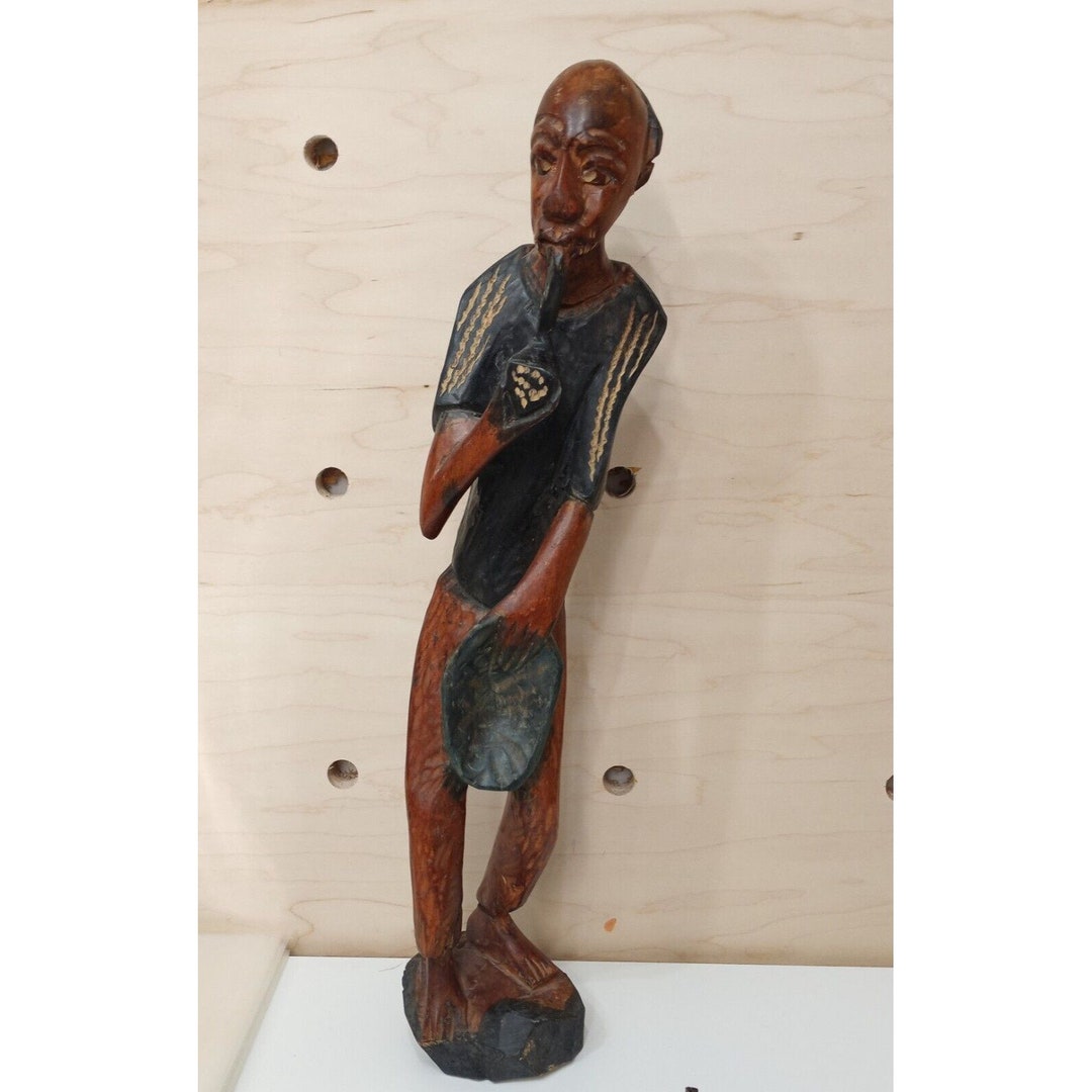 Fantastic Handcarved Wooden Haitian Man Statue. Smoking A Pipe Carrying ...