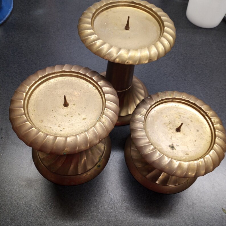 3 Brass Pillar Candle Holders. India. Varying Heights. - Etsy