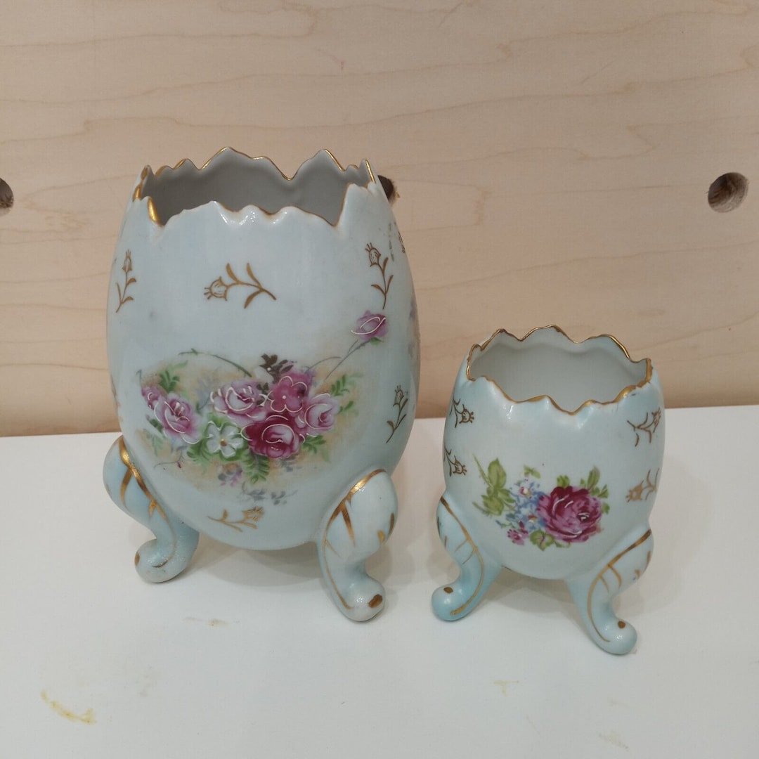2 Vintage Napco Porcelain Egg Vases Easter Decor. Shabby Chic Cabbage ...