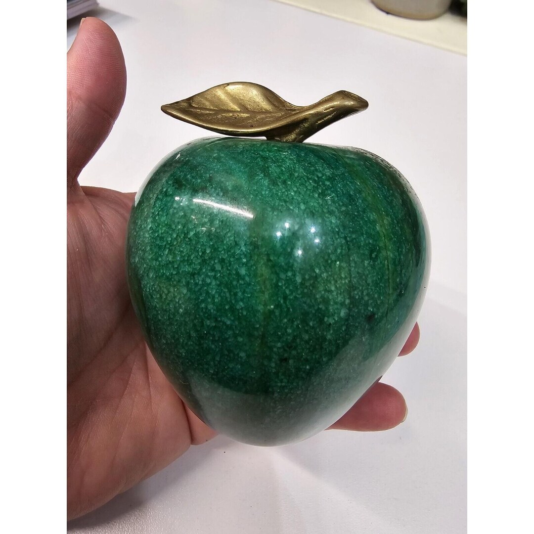 Vintage Green Marble Stone Apple Paper Weight With Brass Foliage - Etsy