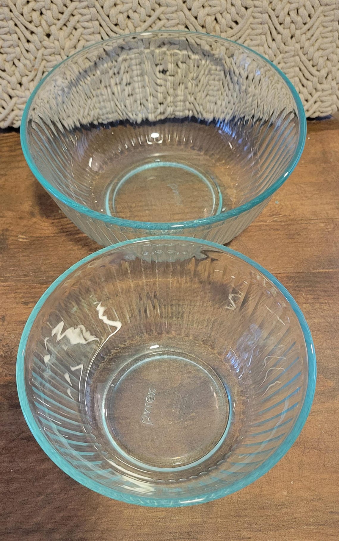 Pyrex Sculpted Mixing Bowls Clear Aqua Glass With Ribbed Design - Set ...
