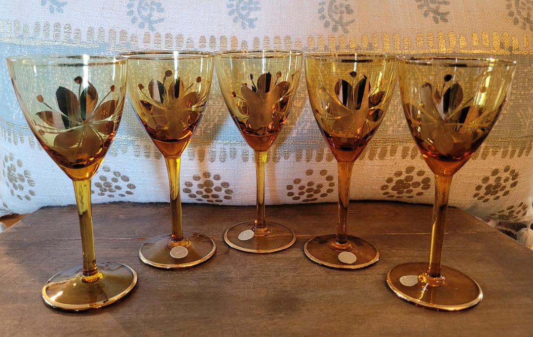Vintage Amber Romanian Cordial Glasses - Set of 4 - Hand-painted Gold ...
