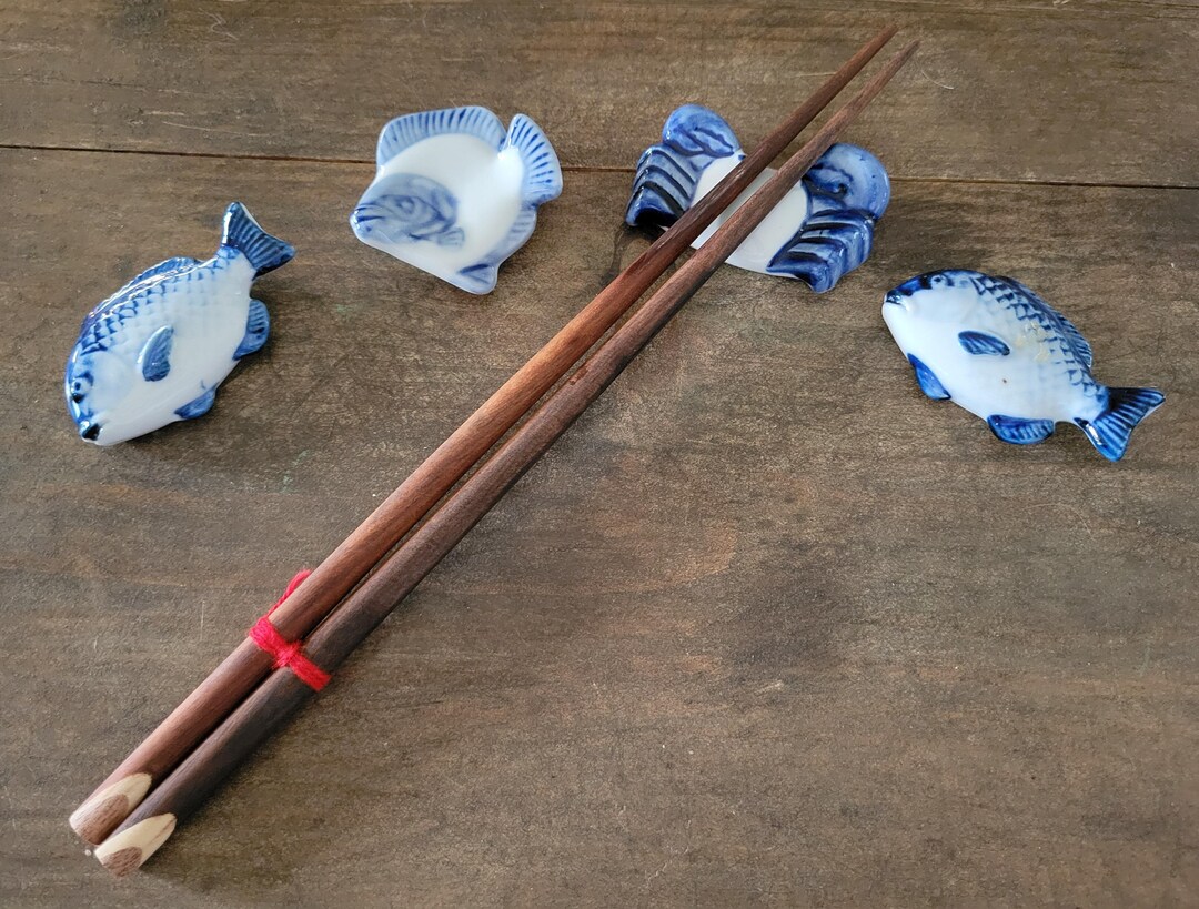Ceramic Hand Painted Chop Stick Rests With Hand Carved Chops Sticks and ...