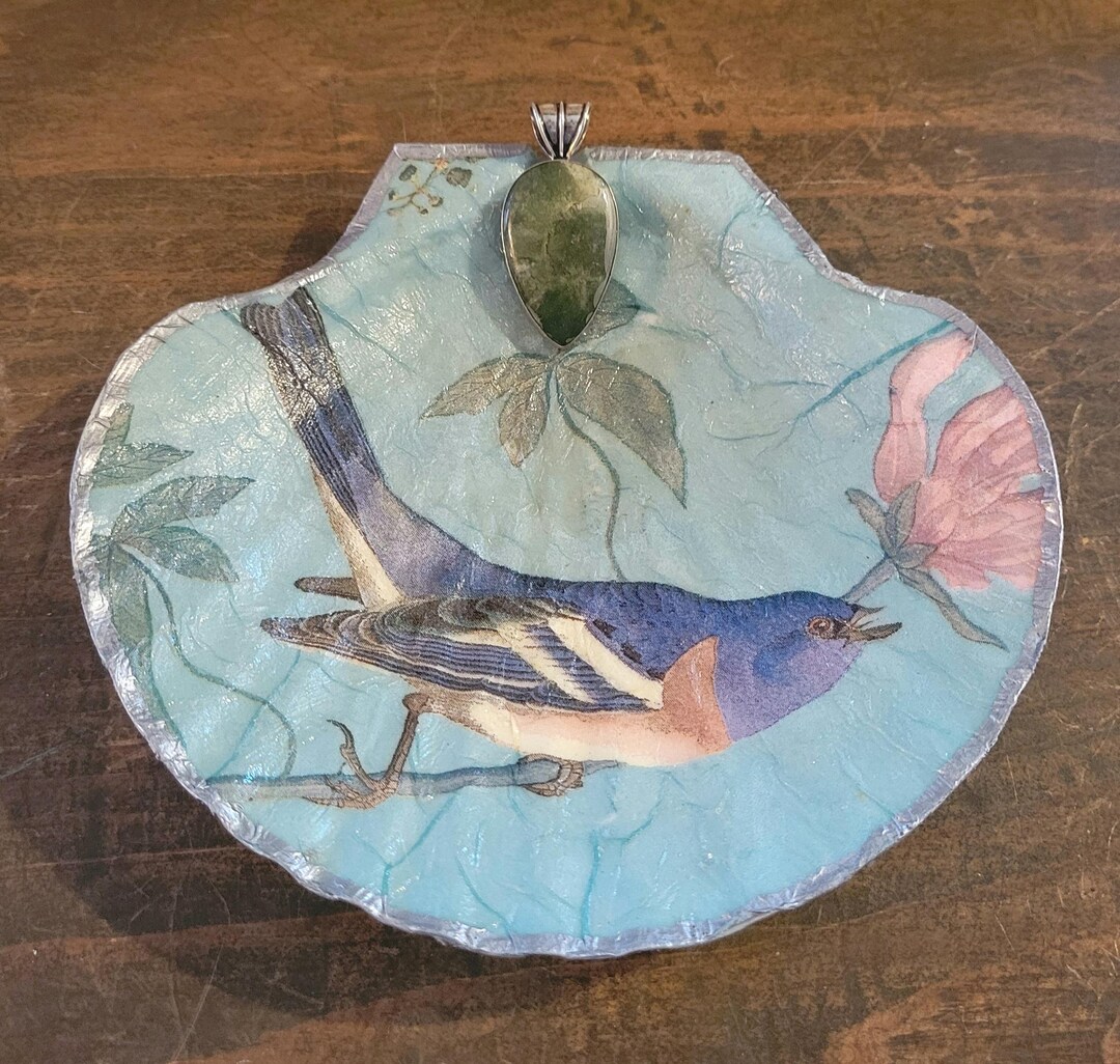 Blue Bird Decoupaged Scallop Shell Trinket Dish With Green Onyx Accent ...