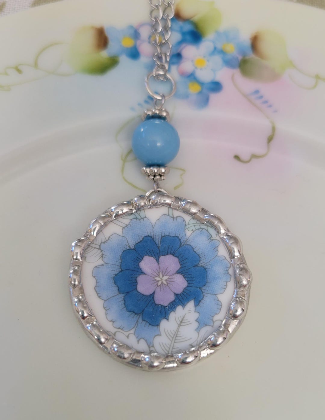 Broken China Soldered Pendant Necklace - Wedgwood Clementine Blue ...