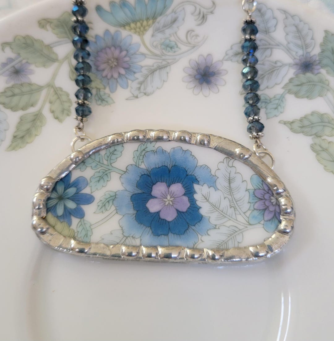 Wedgwood Clementine Blue Flowers Broken China Soldered Pendant Necklace ...