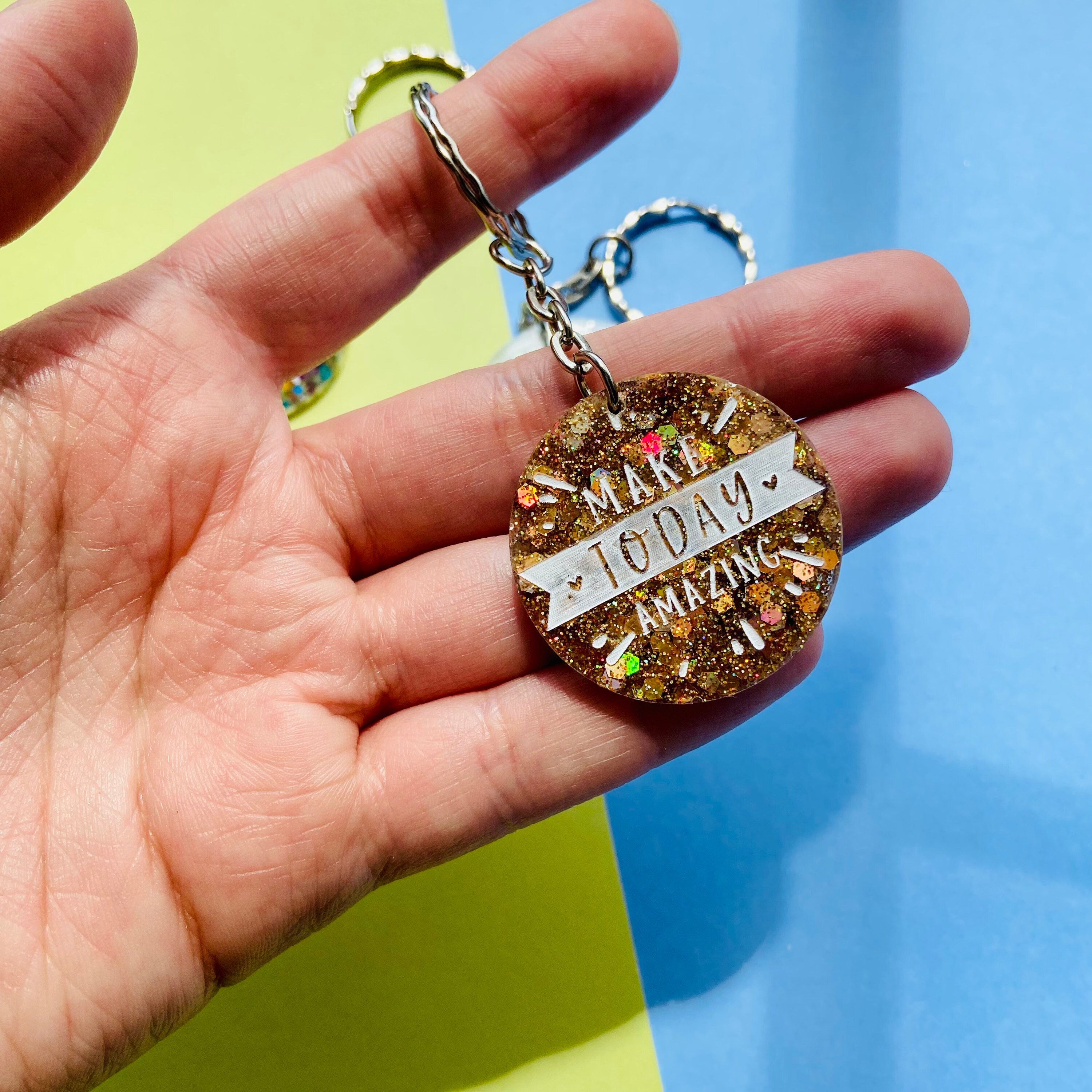 Make Today Amazing Hand Painted Round Glitter Resin Keyring - Etsy