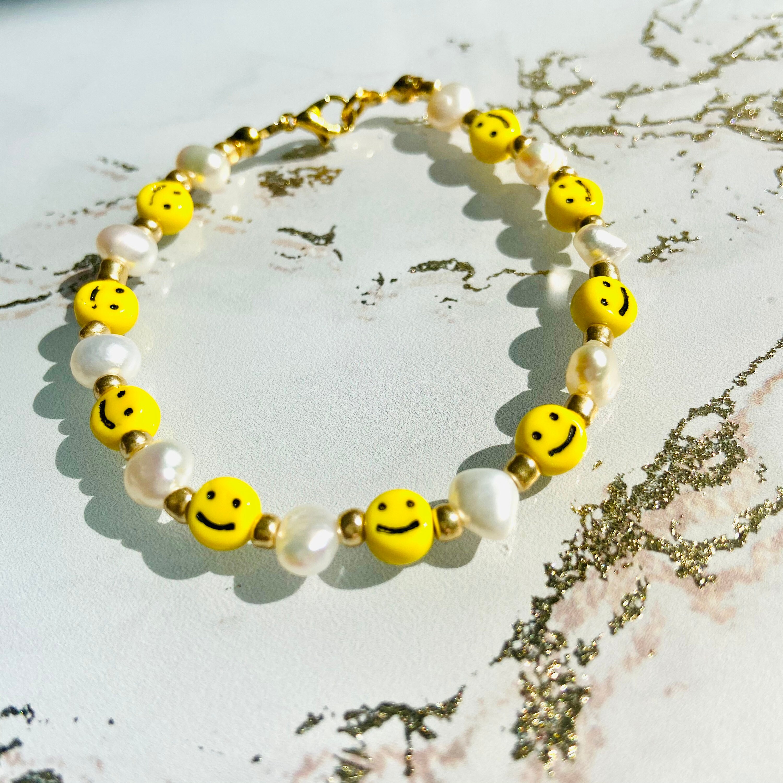 Smiley Face And Pearl Handmade Gold Beaded Bracelet Happy | Etsy