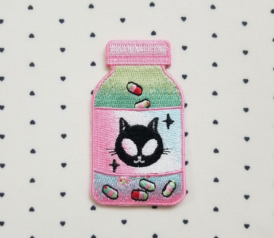 Kawaii Kitty Cat Medicine Pill Bottle Embroidered Iron on Patch ...