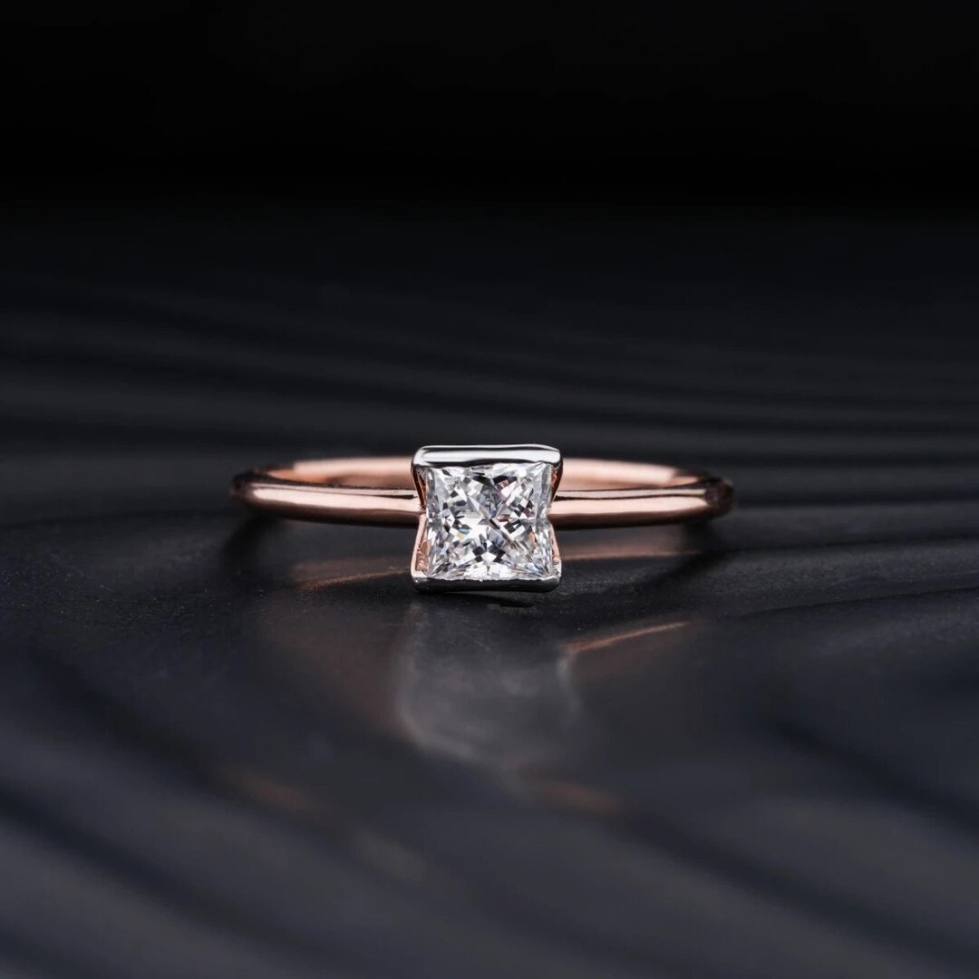 Half Bezel Princess Cut Engagement Ring, Wedding Ring, Propose Ring ...