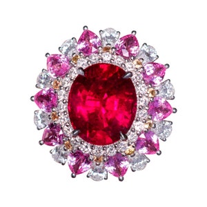 7.56ct Natural Rubellite Oval Cut & White Diamond 18K Ring, 18K Solid ...