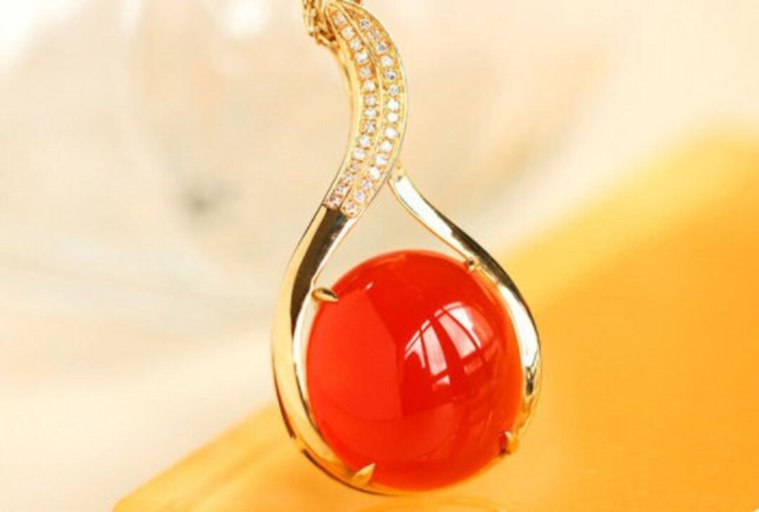 5A Natural Southern Red Agate & White Diamond 18K Solid Yellow Gold ...
