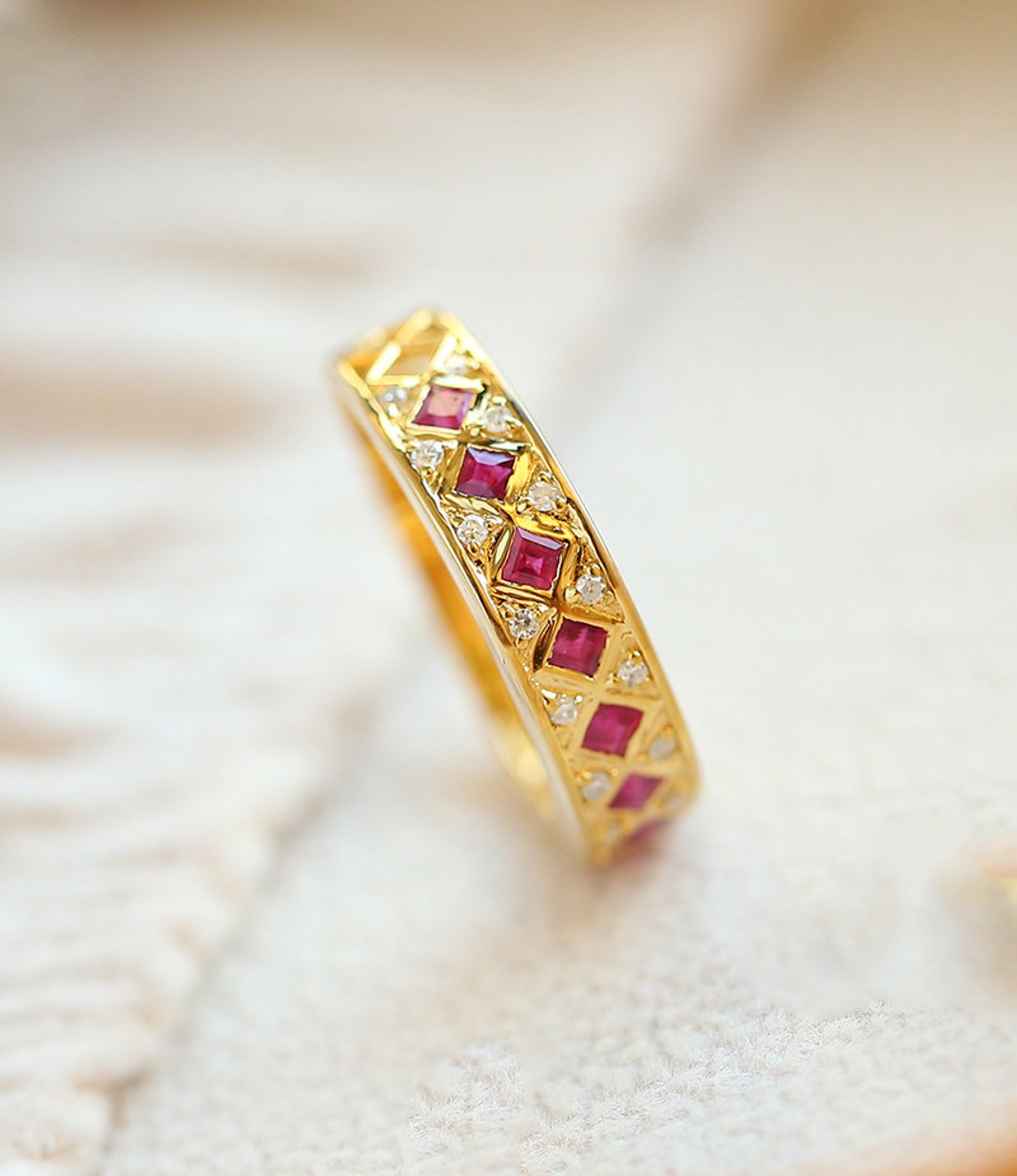 Seven Natural Ruby Square Cut 18K Solid Yellow Gold Handmade - Etsy