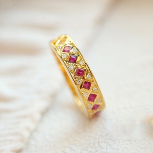 Seven Natural Ruby Square Cut 18K Solid Yellow Gold Handmade Ruby Ring ...