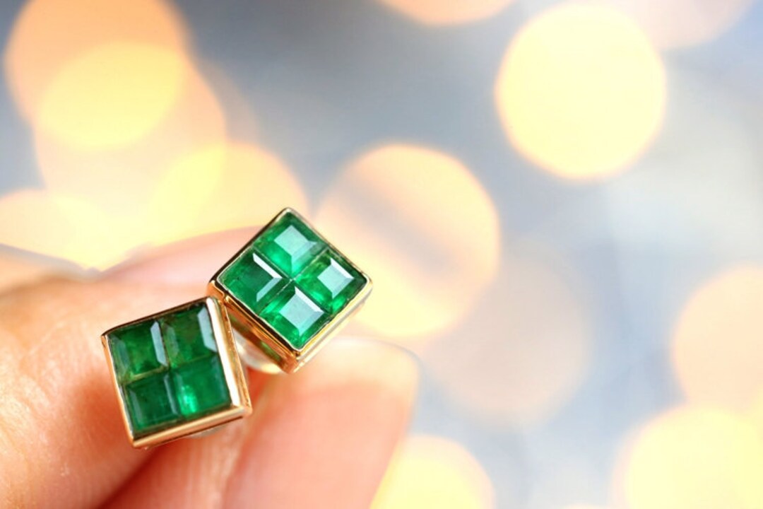 Four Natural Emerald 18k Solid Yellow Gold Handmade Emerald Earrings ...