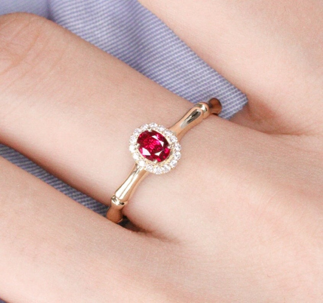 Bamboo Ruby & Diamond 18K Gold Ring Halo Diamonds Ruby Ring Minimalist ...