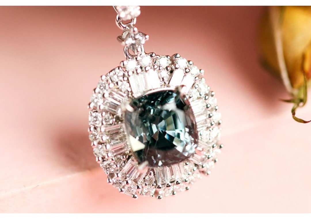 Natürliche Blau Grau Spinell & Weißer Diamant Halskette 18K Weißgold ...
