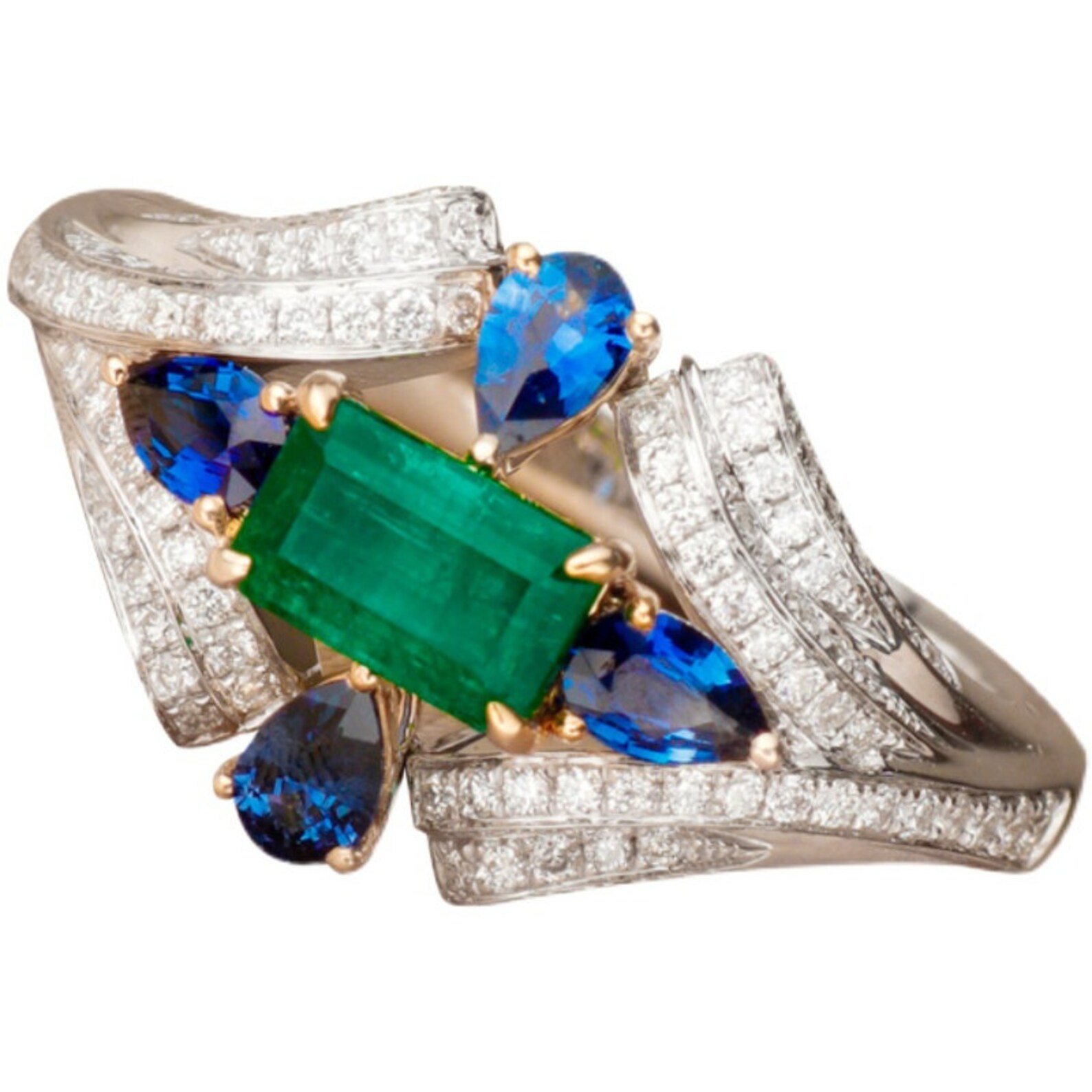 Art Deco Natural Emerald & Sapphire Ring 18K Solid Gold Ring - Etsy