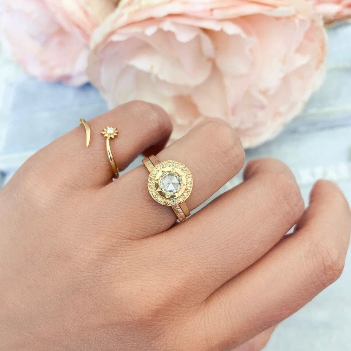 White Round Rose Cut Diamond 18K Solid Yellow Gold Handmade | Etsy