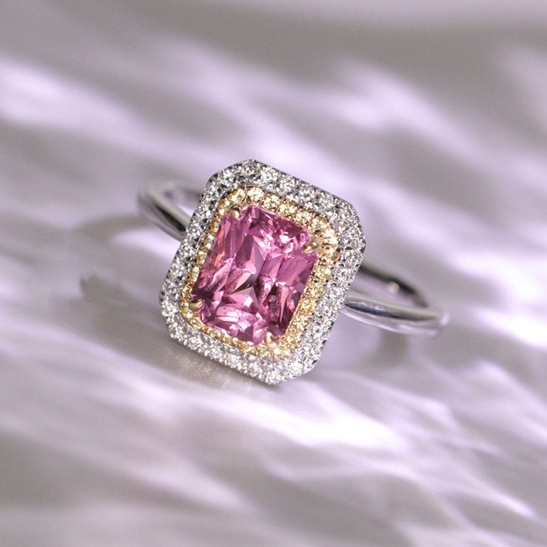 1.7ct Pink Spinel Cushion Cut & White Diamond Ring 18K Solid - Etsy