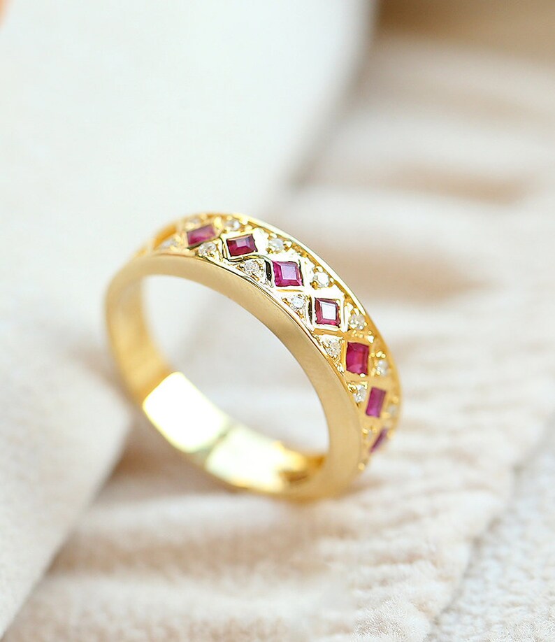 Seven Natural Ruby Square Cut 18K Solid Yellow Gold Handmade - Etsy