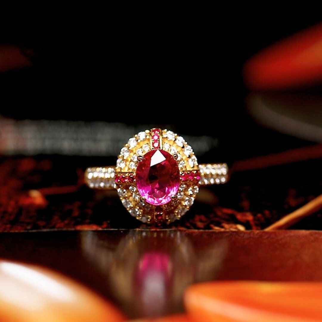 Natural Pink Peach Ruby Oval Cut 18K Solid Yellow Gold Handmade Ruby ...