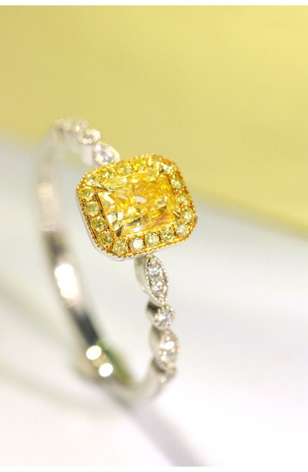 Natural Fancy Yellow Diamond & White Diamond 18K Solid White - Etsy