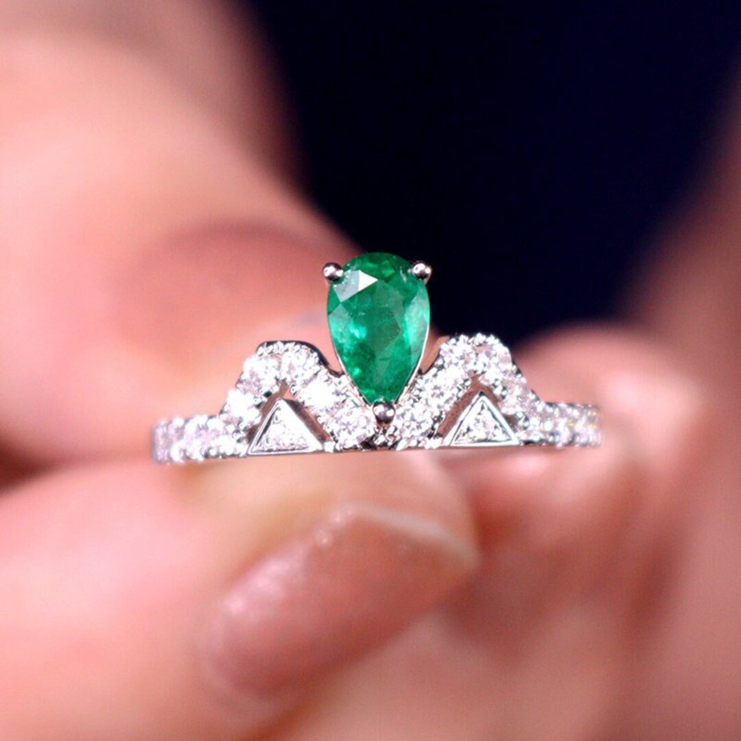 Stacking Crown Design Emerald Teardrop Ring & White Diamond, Platinum ...