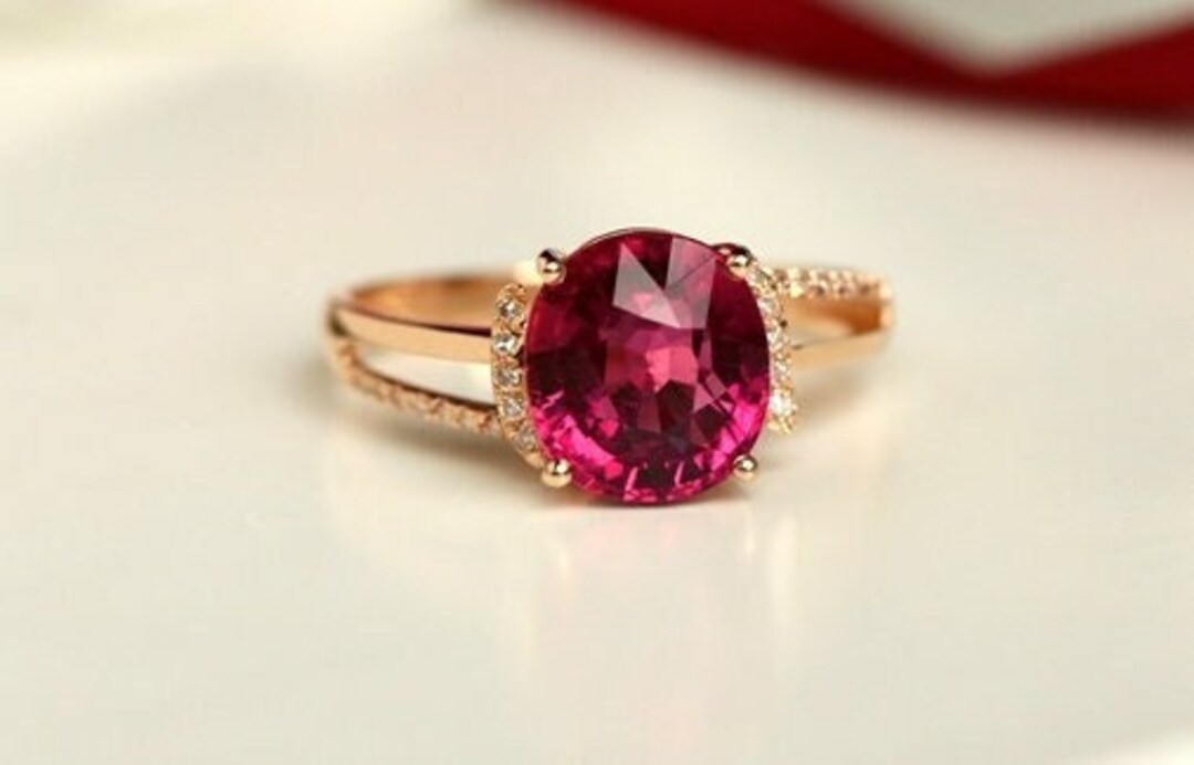 2.93ct Natural Rubellite Oval Cut & White Diamond 18K Solid Gold ...