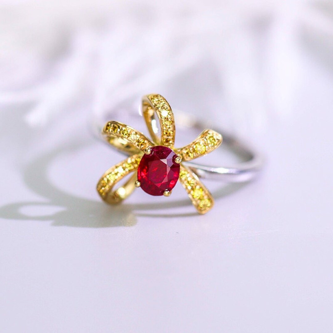 Bowknot Design Rubin Ring & Gelbe Diamanten Ring 18K Solid Gold ...