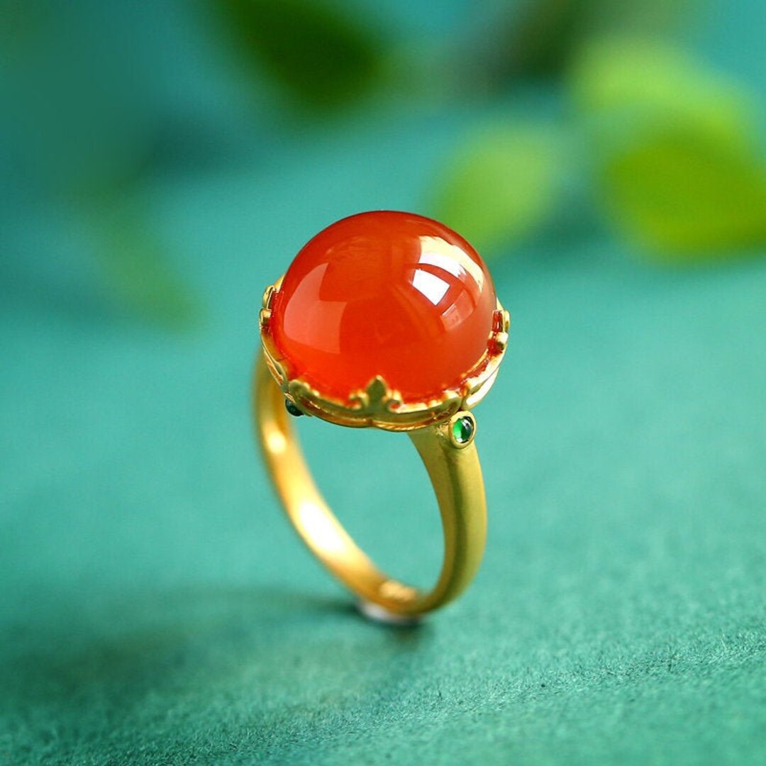 5A Natural Southern Red Agate Cabochon Cut 18K Solid Yellow Gold Agate ...