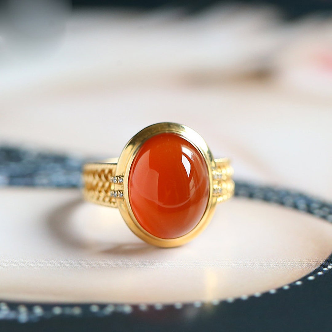 5A Natural Southern Red Agate Cabochon Cut 18K Solid Yellow Gold Agate ...