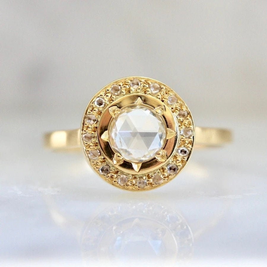 White Round Rose Cut Diamond 18K Solid Yellow Gold Handmade - Etsy