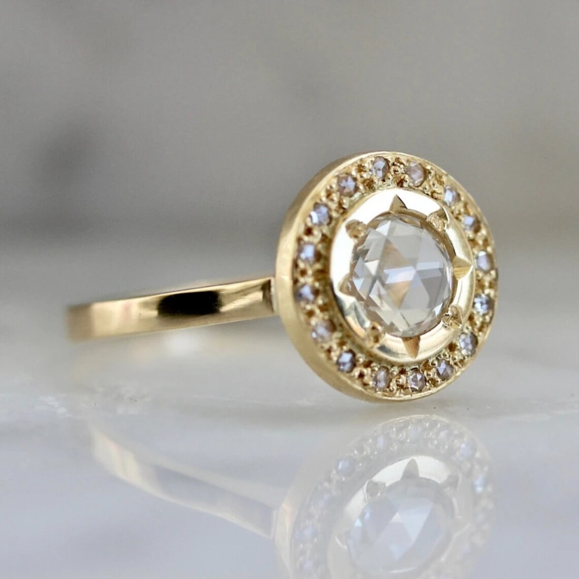 White Round Rose Cut Diamond 18K Solid Yellow Gold Handmade - Etsy