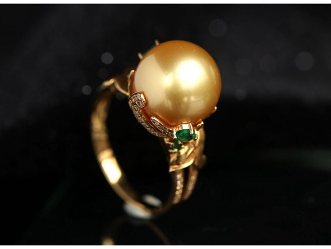 11mm Natural Golden South Sea Pearl & Emerald 18K Solid Yellow Gold ...